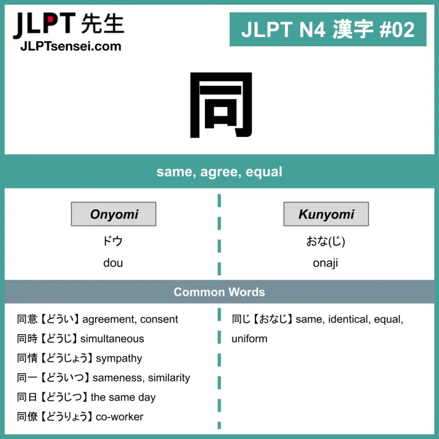 JLPT N4 Kanji: 同 (dou, onaji) same, agree – JLPTsensei.com