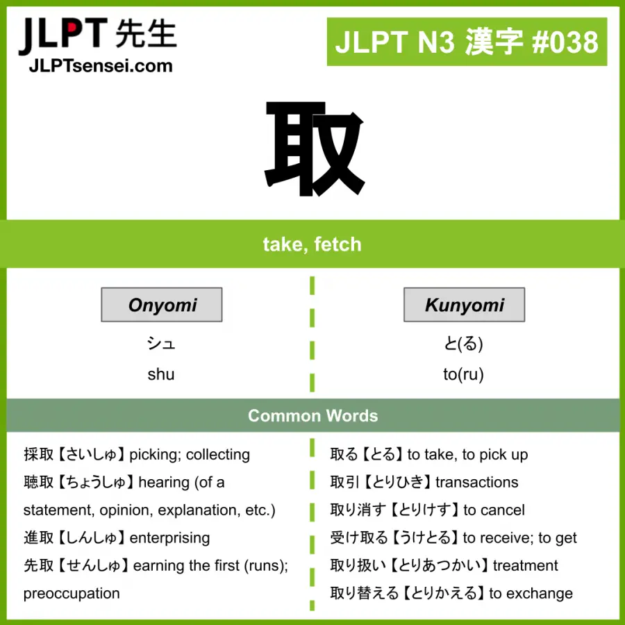 JLPT N3 Kanji: 取 (shu, toru) take, fetch – JLPTsensei.com