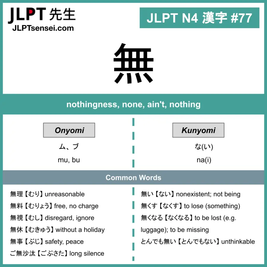 JLPT N4 Kanji: 無 (mu, nai) nothing – JLPTsensei.com