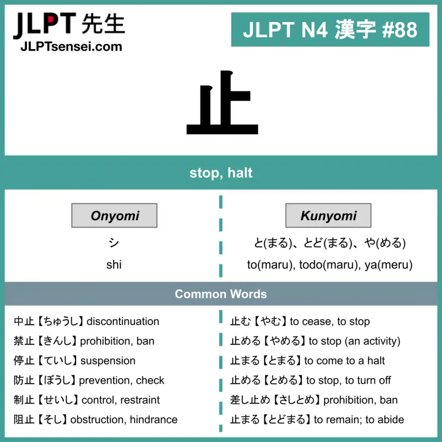 JLPT N4 Kanji: 止 (shi, tomaru) stop – JLPTsensei.com