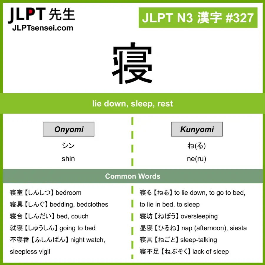JLPT N3 Kanji: 寝 (shin, neru) sleep – JLPTsensei.com