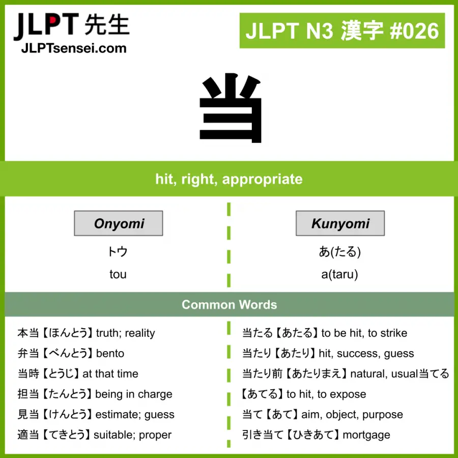 JLPT N3 Kanji: 当 (tou, ataru) hit – JLPTsensei.com