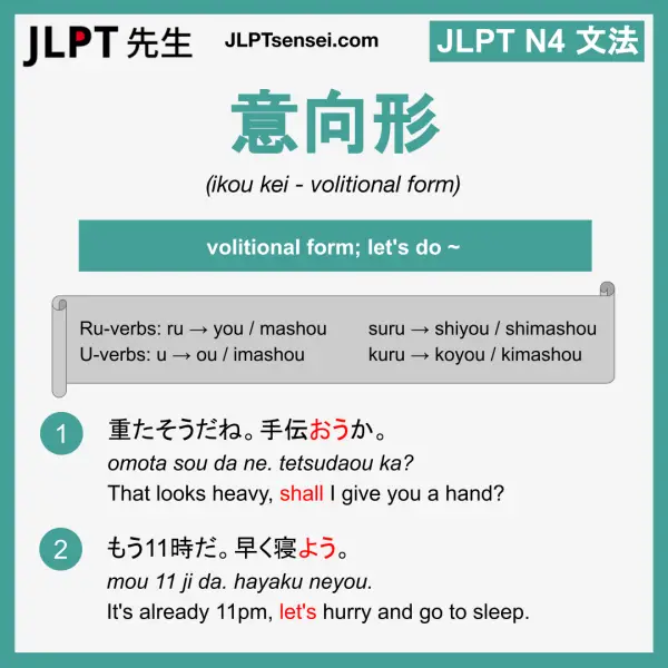 JLPT N4 Grammar: 意向形 (ikou kei) Volitional Form – JLPTsensei.com