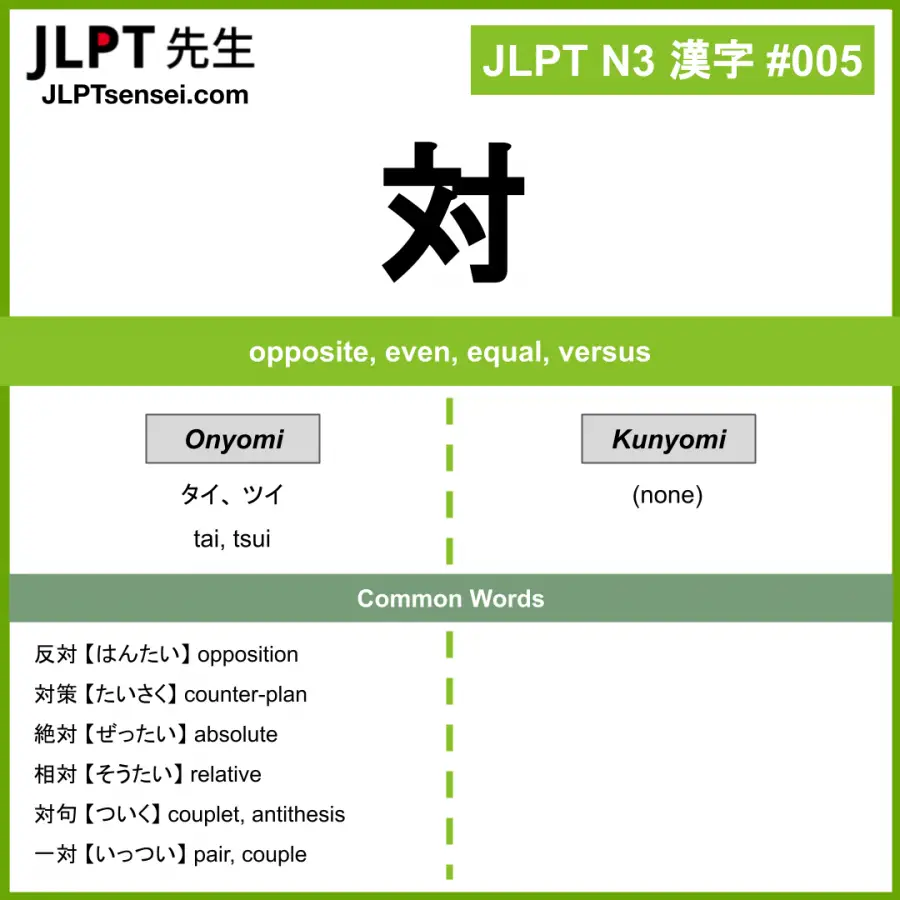 JLPT N3 Kanji: 対 (tai, tsui) Meaning: compare – JLPTsensei.com