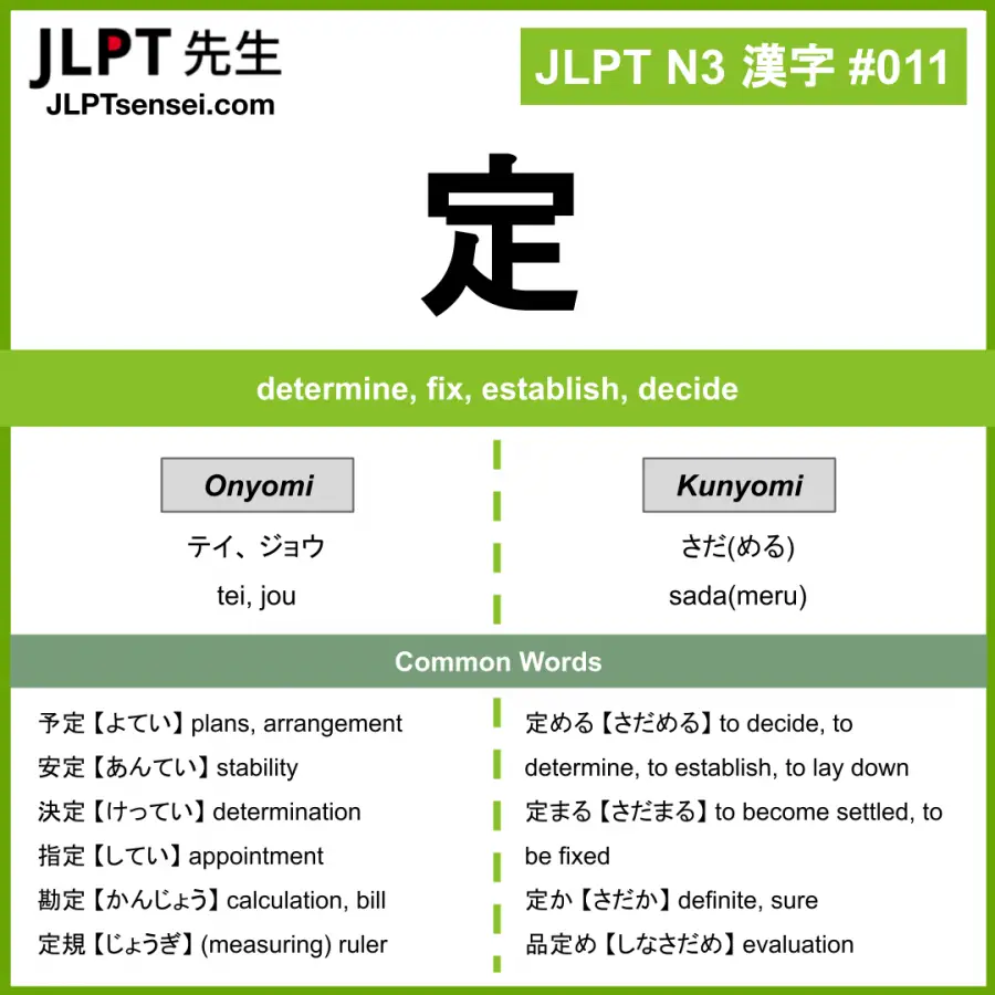 JLPT N3 Kanji: 定 (tei, jou, sadameru) Meaning: determine – JLPTsensei.com