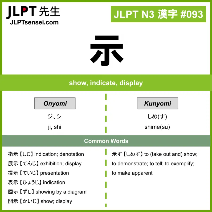 JLPT N3 Kanji: 示 (ji, shi, shimesu) Meaning: show, indicate, display ...