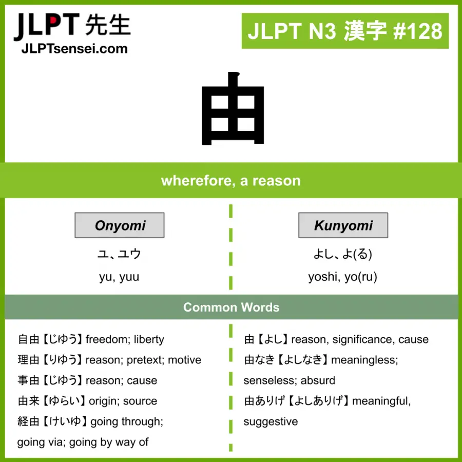 JLPT N3 Kanji: 由 (yu, yuu, yoshi, yoru) Meaning: wherefore, a reason ...