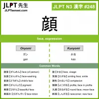 JLPT N3 Kanji: 顔 (gan, kao) Meaning: face, expression – JLPTsensei.com
