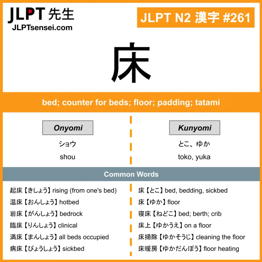 JLPT N2 Kanji: 床 (shou, toko, yuka) Meaning: bed; counter for beds ...