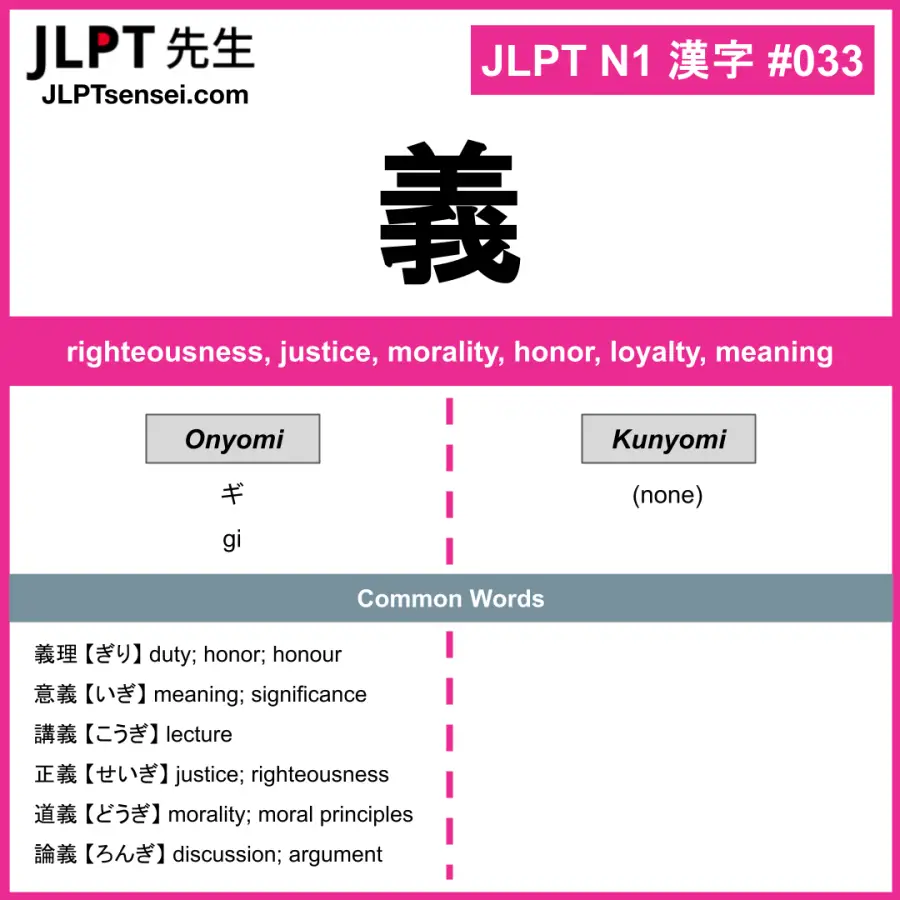 JLPT N1 Kanji: 義 (gi) Meaning: righteousness, justice, morality, honor ...